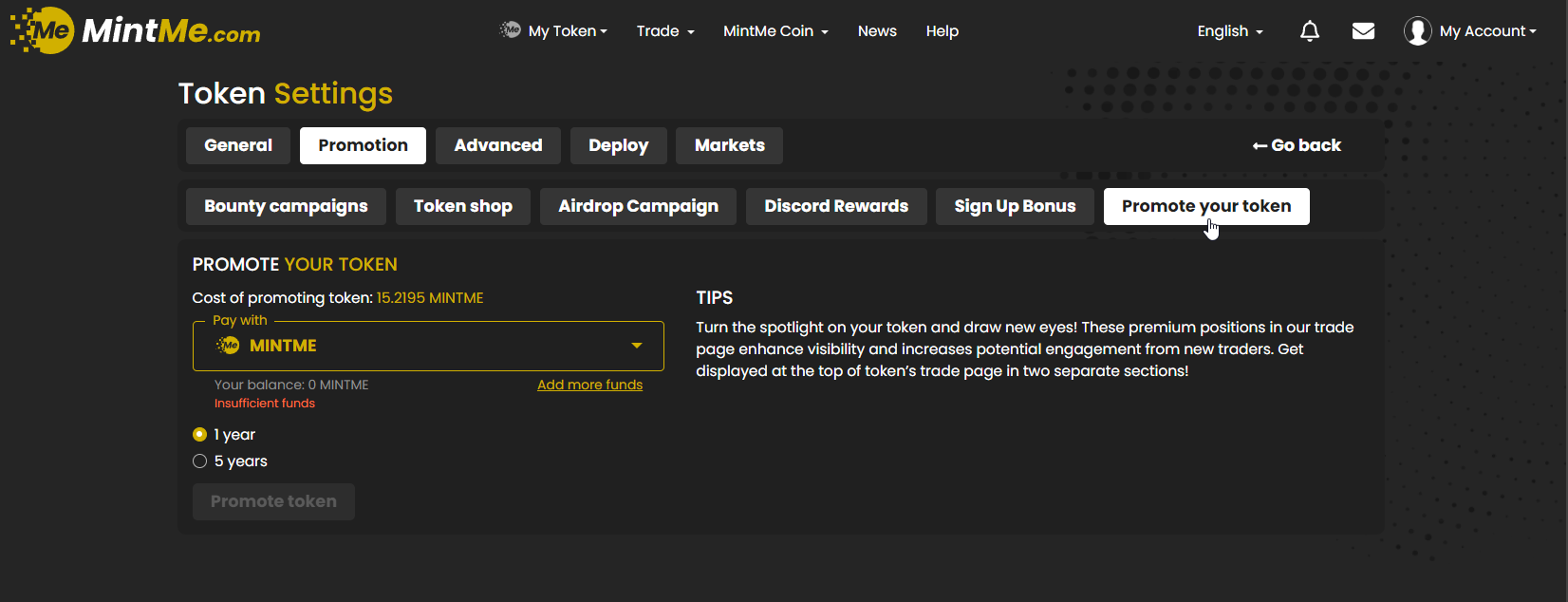 How does the Promote your Token Feature work | mintMe