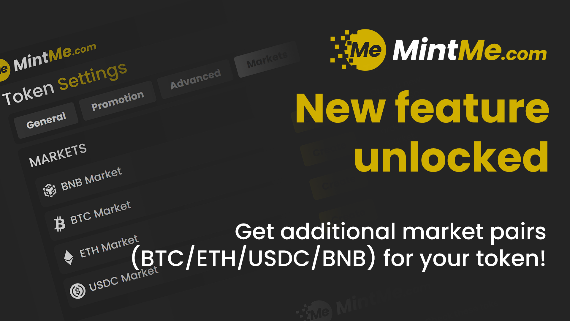 New feature unlocked - get additional market pairs (BTC/ETH/USDC/BNB) for your token! | mintMe